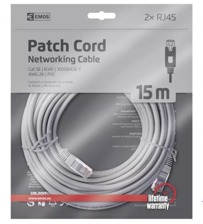 Tīkla savienojuma vads CAT5e 2xRJ45 15m (EMOS), Interneta kabeļi ...